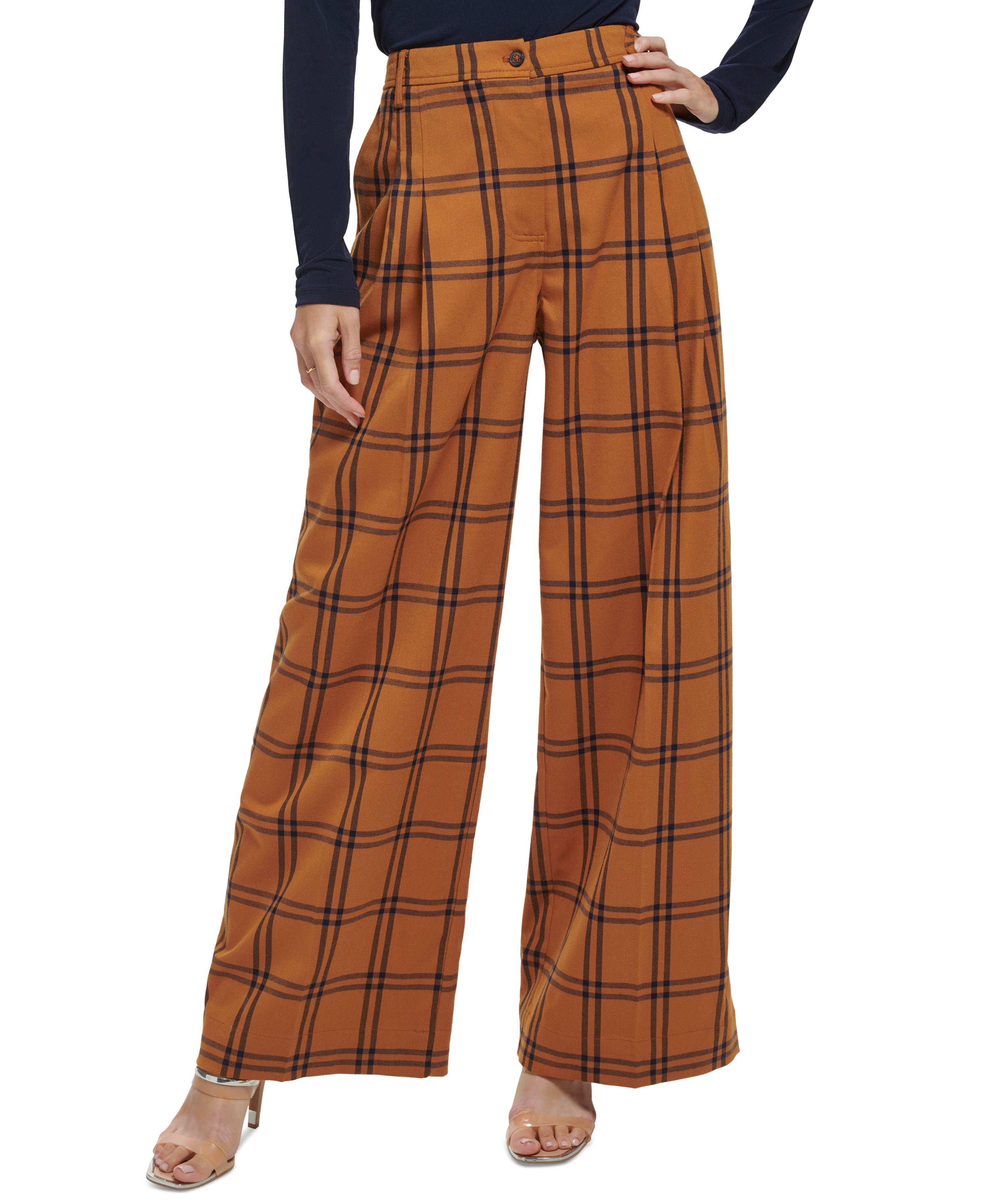 DKNY Womens Windowpane Plaid Pleated Wide Leg Pants Roasted ...