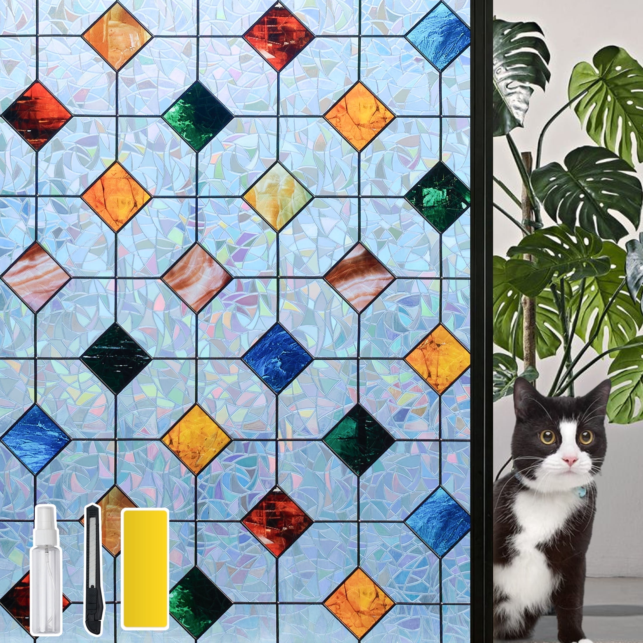 DKTIE 17.7" x 78.7" Rainbow Agate Stone Lattice Pattern Stained Glass ...