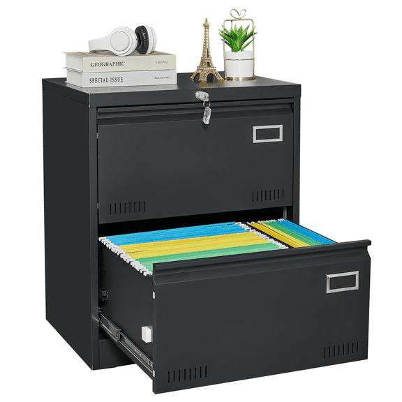 3-Drawer Lateral File Cabinet with Lock, Black Metal Filing Cabinet for ...