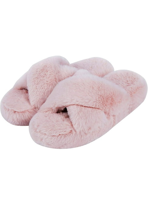 Litfun Women's Fuzzy Slippers Open Toe Cross Band Slippers Memory Foam House Slippers for Women ...