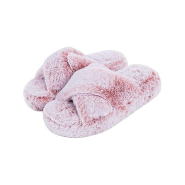 Bkhluea Women's Cross Band Fuzzy Slippers Fluffy Open Toe House Slippers Cozy Plush Bedroom ...