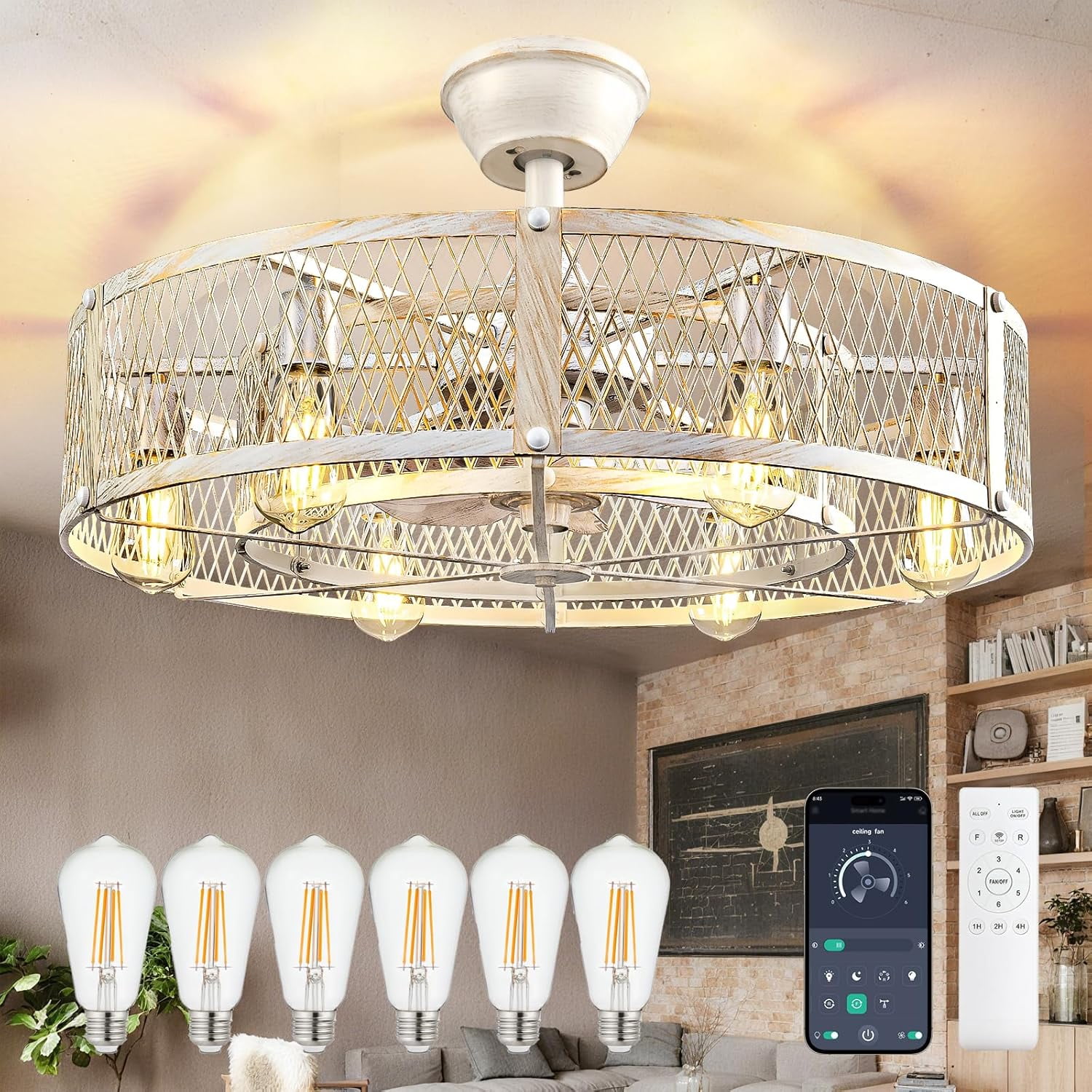 DLLT Caged Ceiling Fan with Lights: 26" Large Bladeless Fandelier with ...