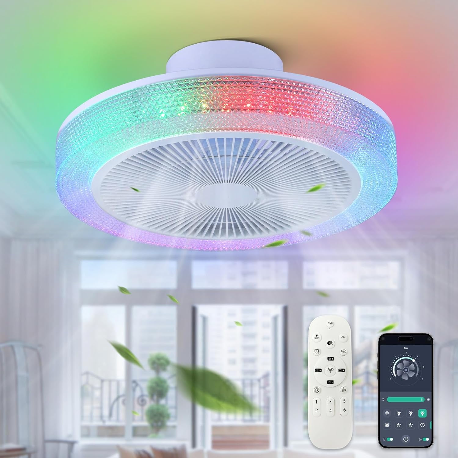 DLLT Low Profile Ceiling Fan: 18 Inch Flush Mount Bladeless RGB Ceiling ...