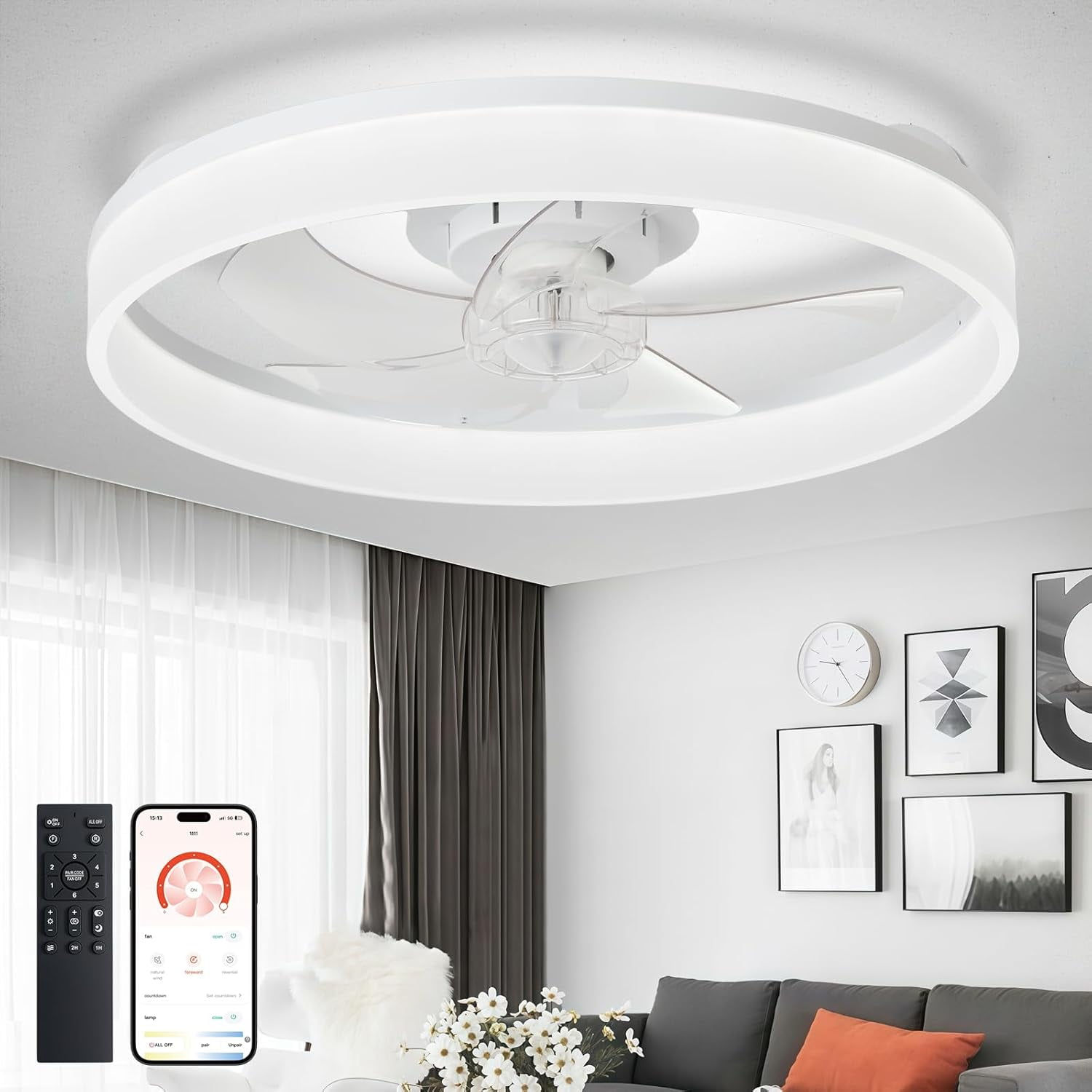 DLLT Modern Ceiling Fans with Lights: 20" Flush Mount Low Profile ...