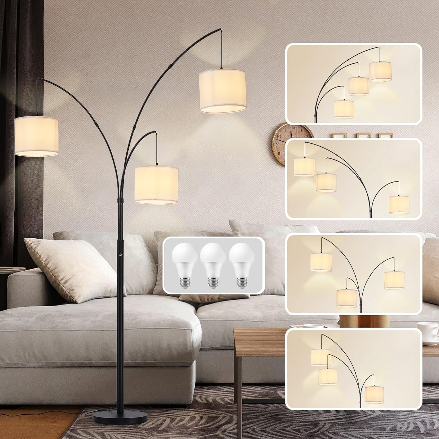DLLT Modern Floor Lamp for Room: 3-Light Black Tree Dimmable Floor Lamps with White Shades for ...