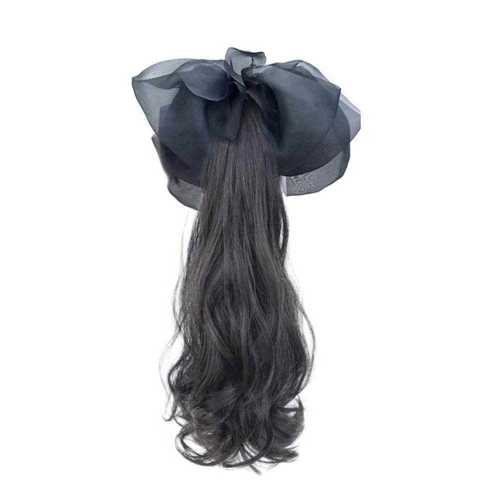 DLQT 2# Bow Clip Curly Hair (Natural Black) 40cm Big Wave High Ponytail Wig Female Clip-In Bow ...