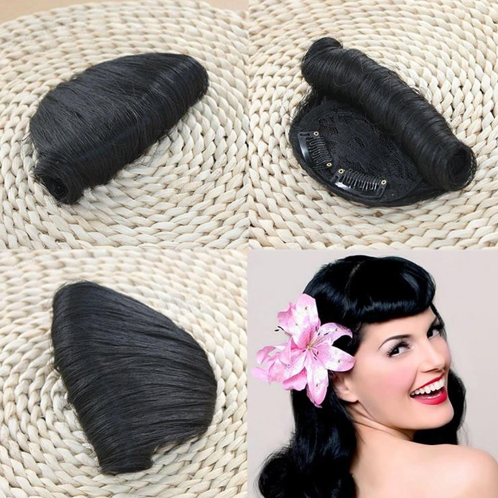 DLQT Natural Black Curly Bangs Wig, Straight Bangs Wig, Seamless Side ...