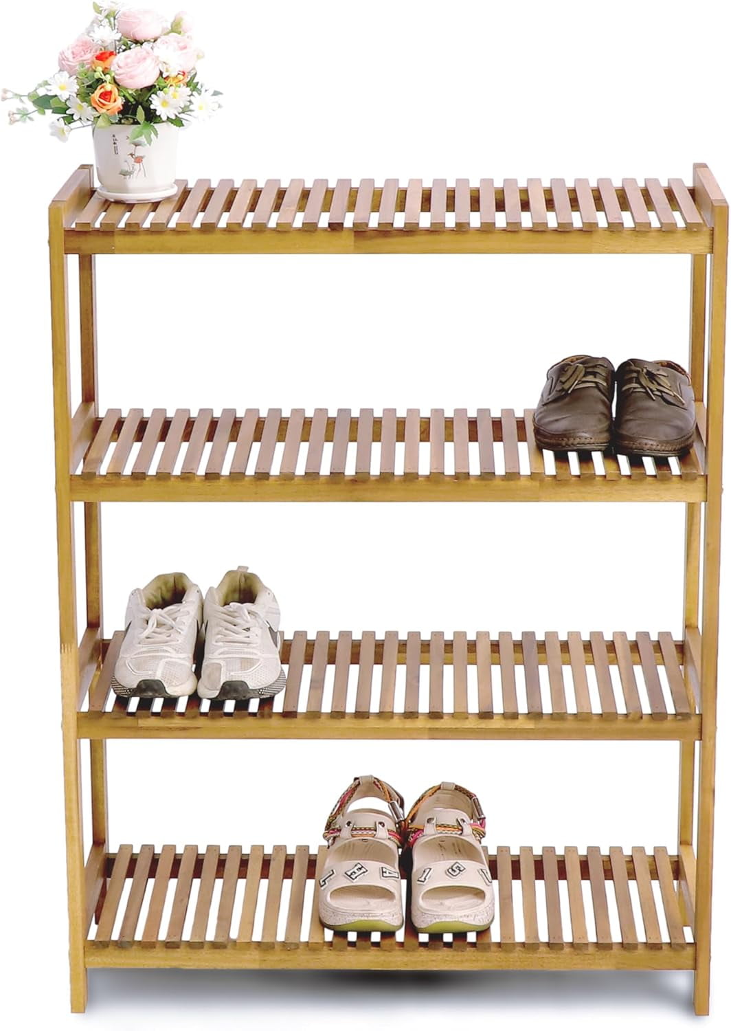 DLQZ 4-Tier Long Acacia Wood Shoe Rack, Wide Natural Shoe Storage Shelf ...