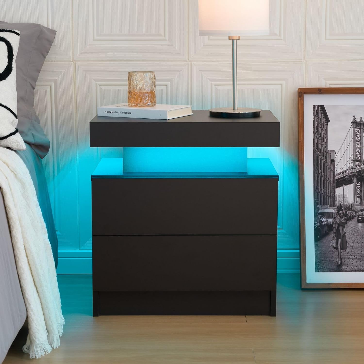 DLQZ LED Nightstand Black Modern Night Stand With 2 Drawers - Bedside ...