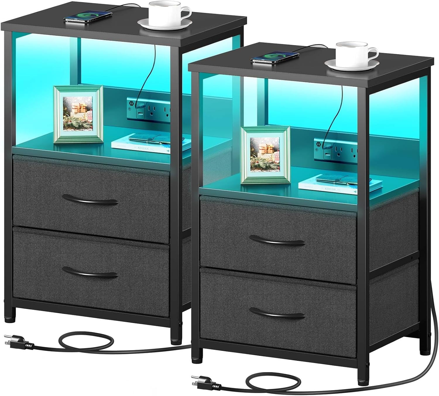 DLQZ Nightstand Set of 2 with Charging Station, Bedside Table with LED ...