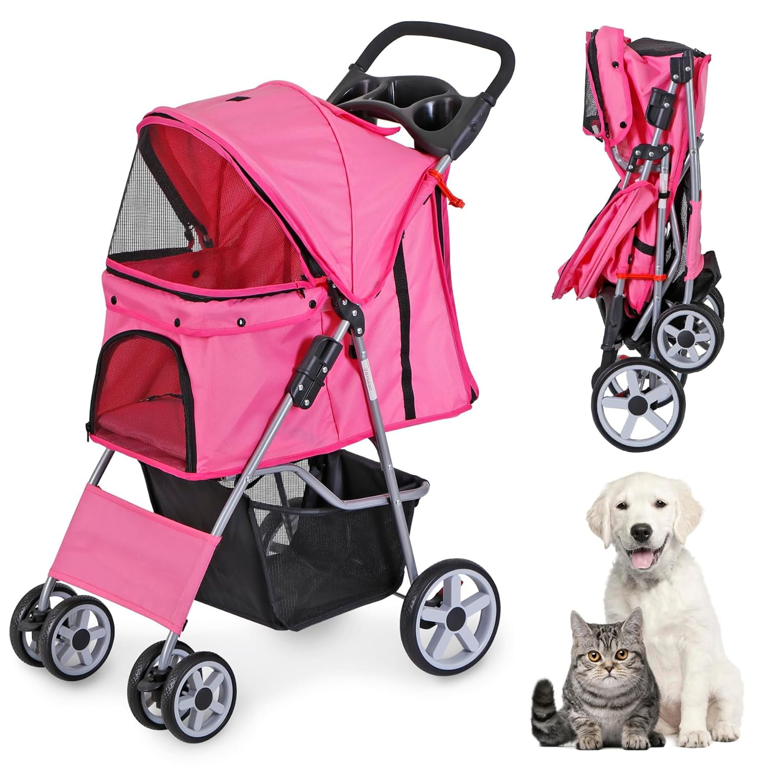 DLQZ Pet Stroller, 4 Wheels Dog Cat Stroller with Storage Basket&Cup ...