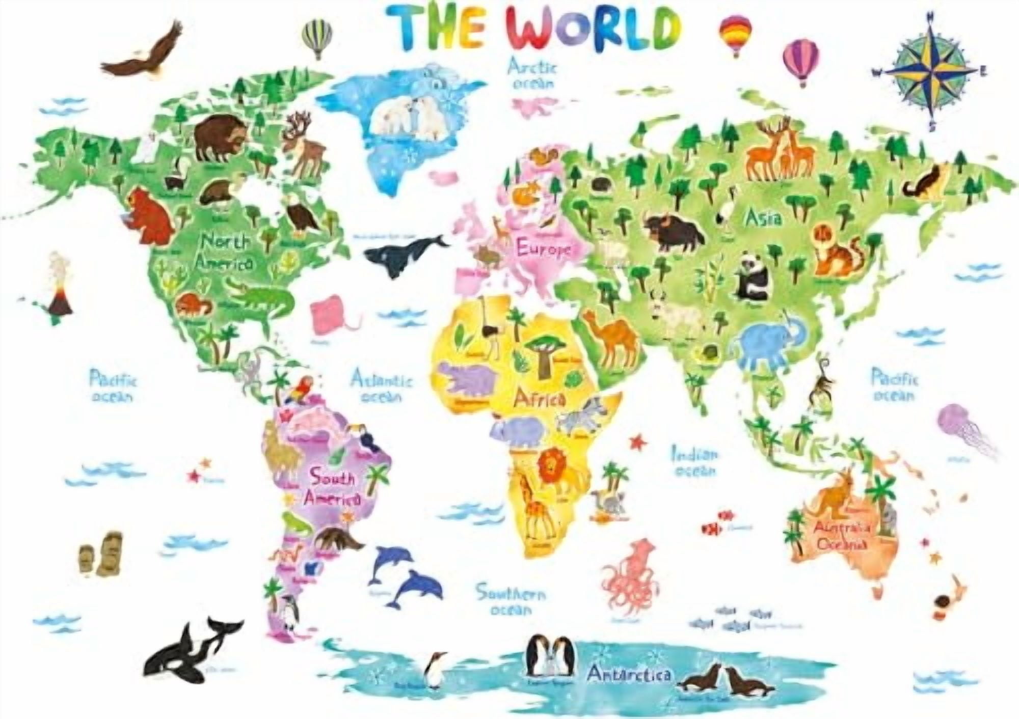 DLT-1615 Animal World Map Kids Wall Decals Peel and Stick Removable ...