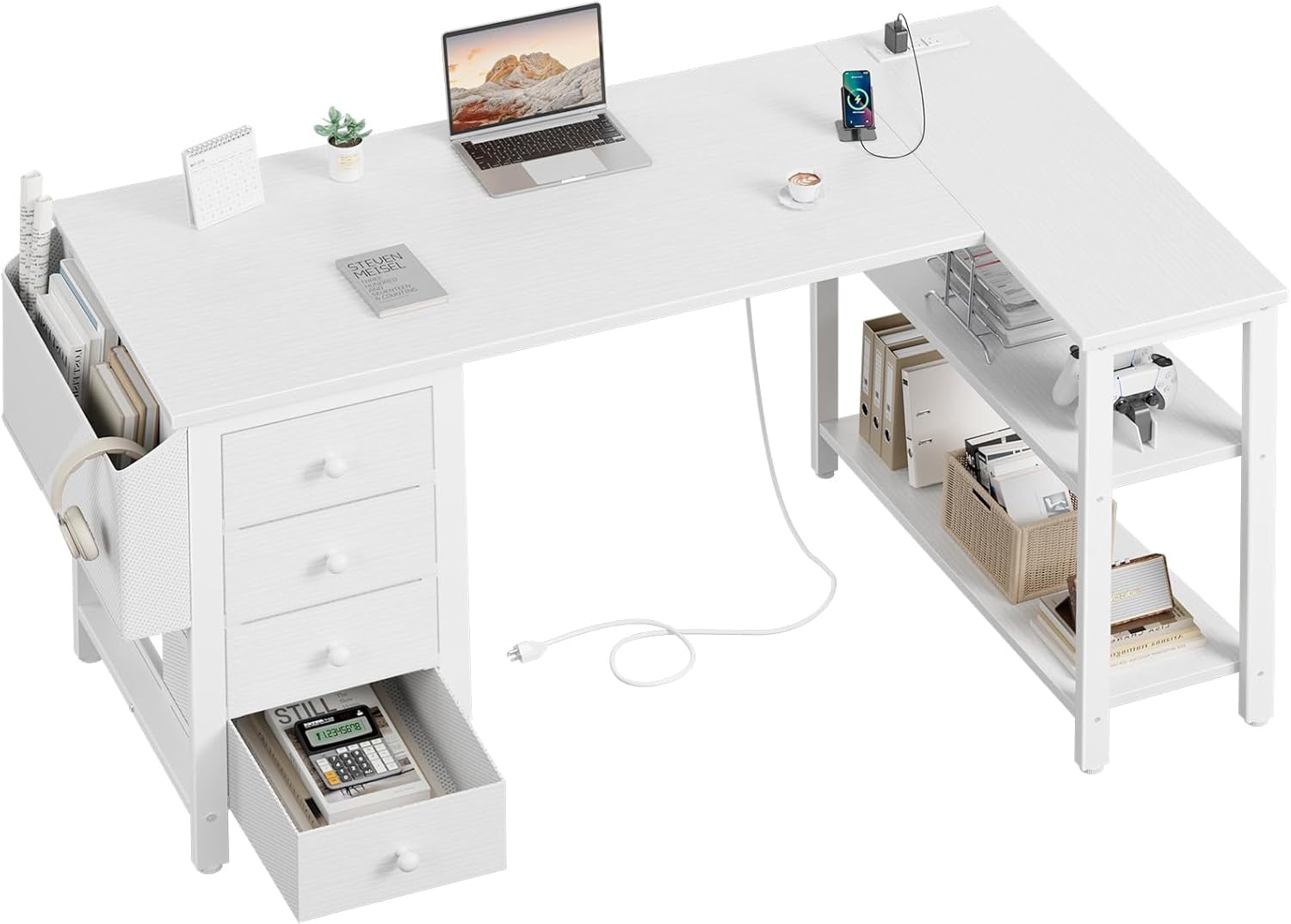DLisiting L Shaped White Desk with Drawers - 47 Inch Corner Office ...
