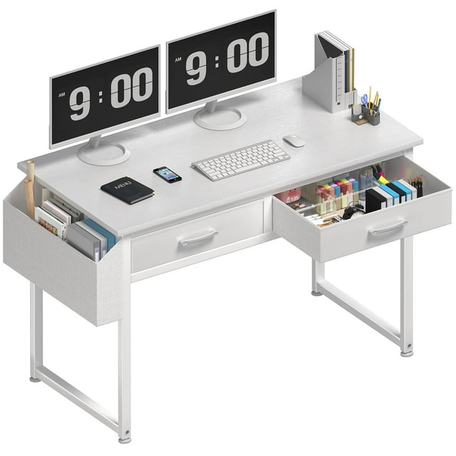DLisiting White Computer Desk with Fabric Drawers for Home Office ...