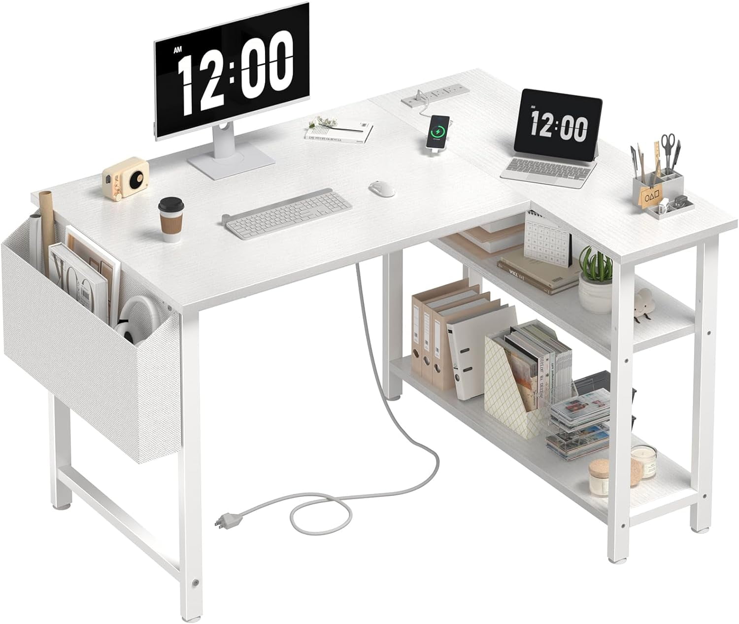 DLisiting White L Shaped Computer Desk with Power Outlet Shelves, 40 ...