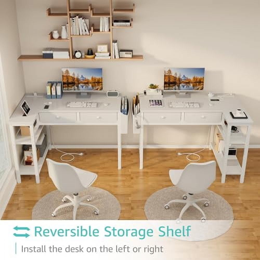 DLisiting White L Shaped Desk with Drawers & Storage Shelves, 40 Inch ...