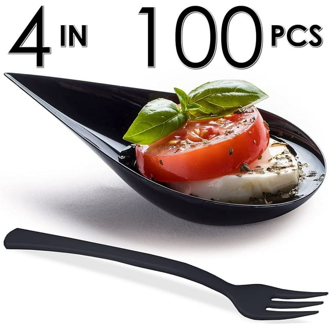 DLux 100 4-in Tear Drop Mini Appetizer Plates with Forks,Reusable Black ...