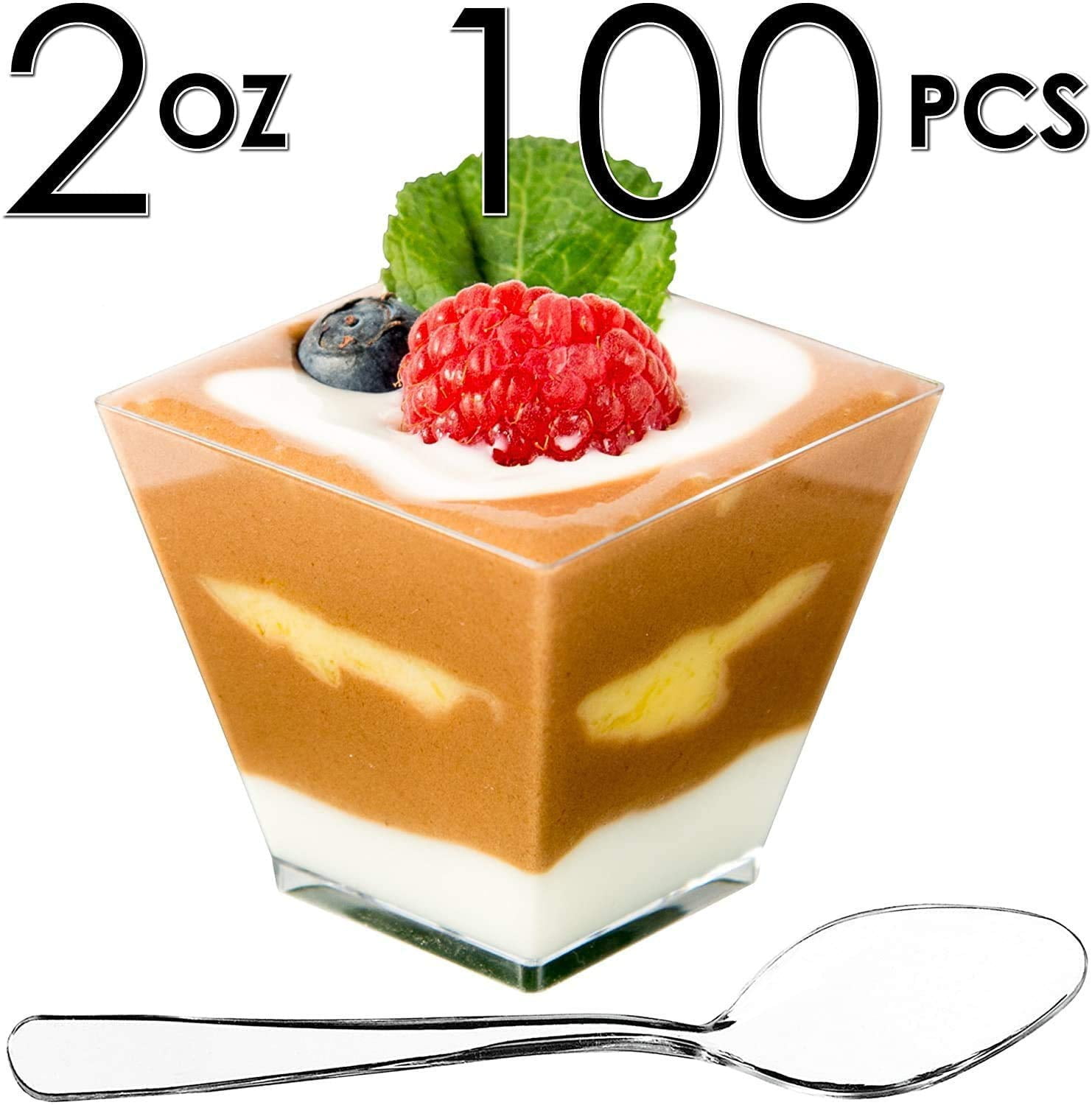 DLux 100x 2oz Disposable Snack Cups with Spoons, Clear Plastic Parfait ...