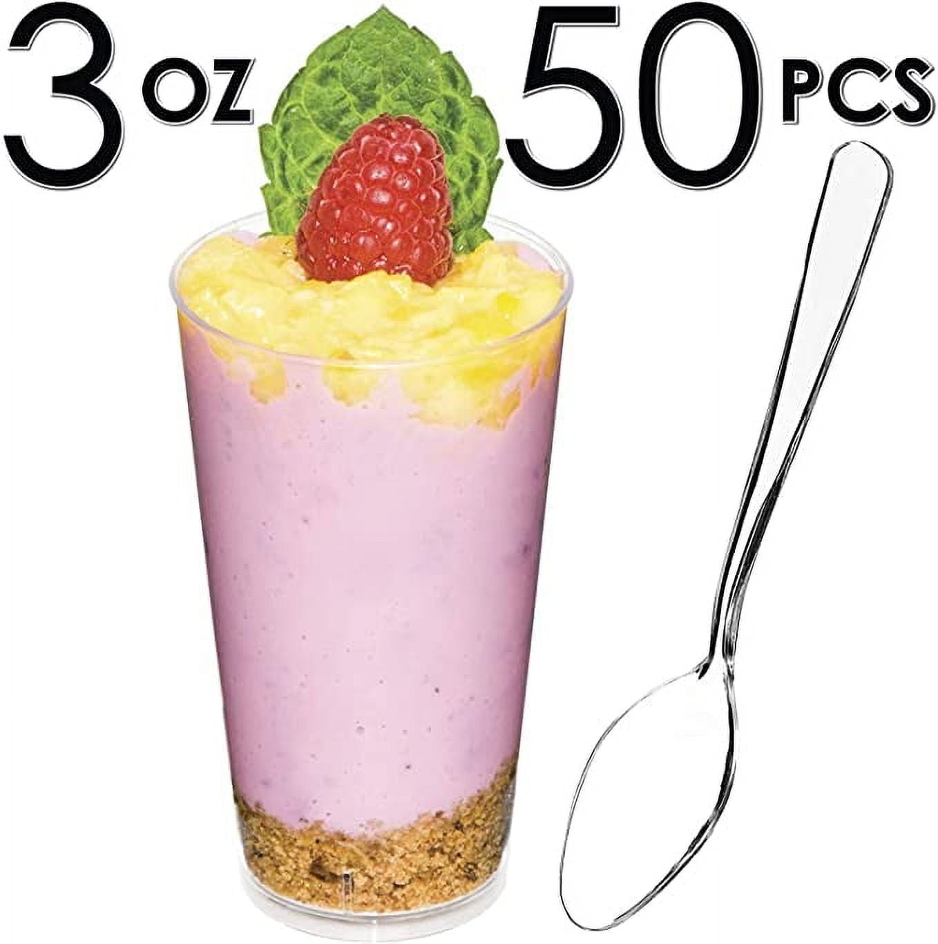 DLux 50 x 3 oz Mini Dessert Cups with Spoons, Clear Plastic Parfait Cup ...