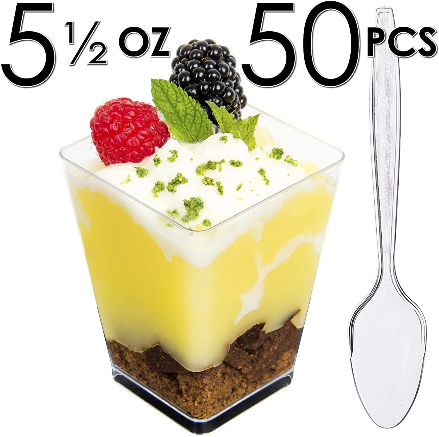 DLux 100 x 2oz Square Mini Dessert Cups with Spoons and Lids, Clear ...