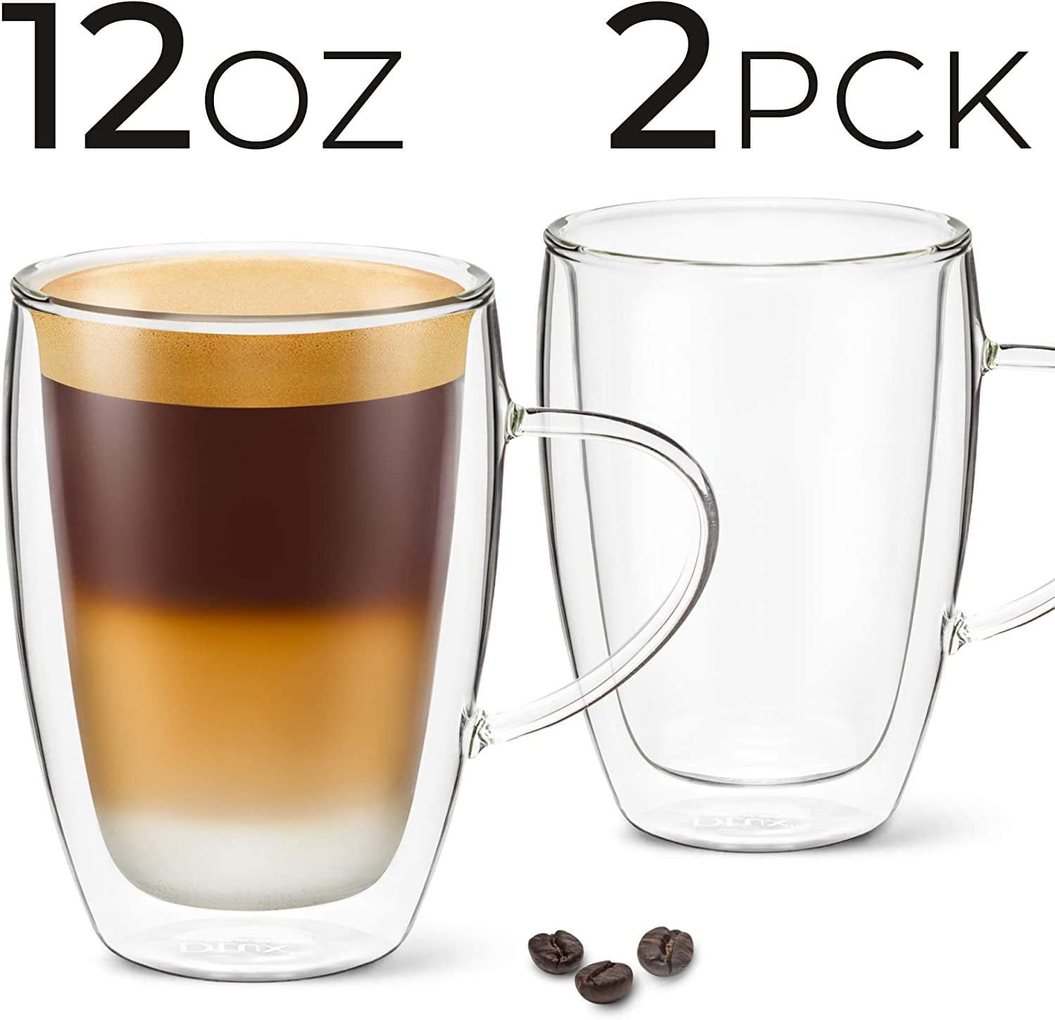 DLux Large Fancy Coffee Mugs, 12oz Clear Glass Set of 2, Double Wall ...