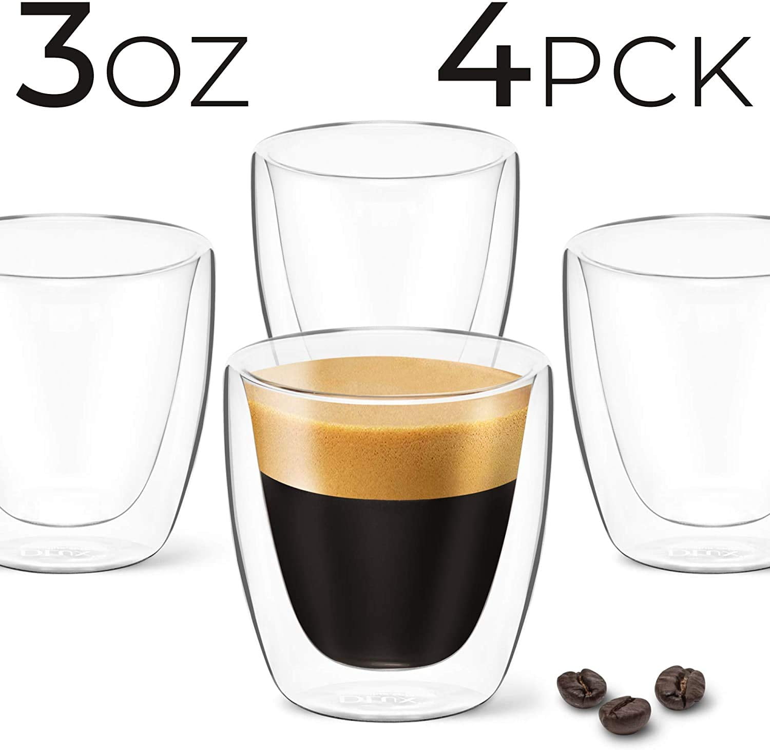 DLux 3oz Espresso Cups, Double Wall, Clear Glass set of 4, Insulated ...