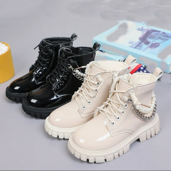 DMDUOU Girls Ankle Boots Solid Lace Up Boot Side Zipper Comfortable ...