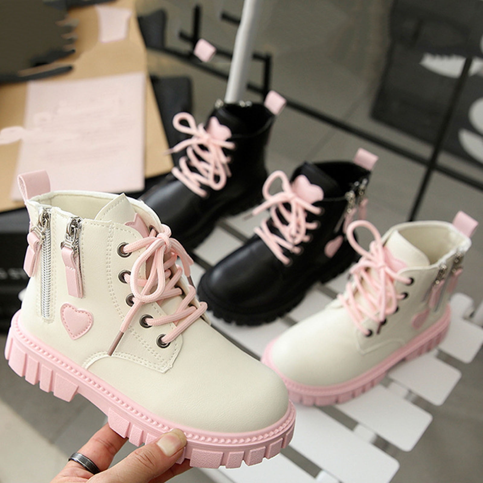 DMDUOU Girls Cute Ankle Boots Lace Up Boot Side Zipper Comfortable ...