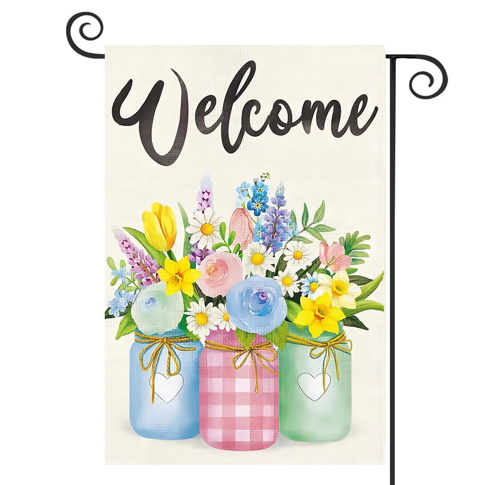 DMERBYL Welcome Spring Floral Garden Flag 12x18 Double Sided Burlap ...