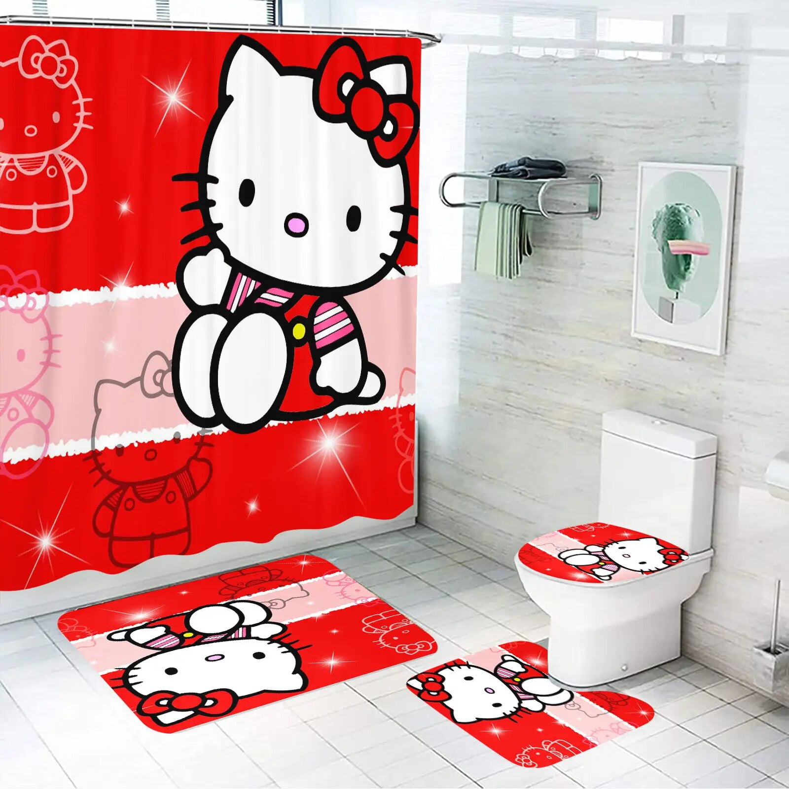 DMH Hello Kitty Bathroom Shower Curtain Accessories Bathroom 4 Piece ...