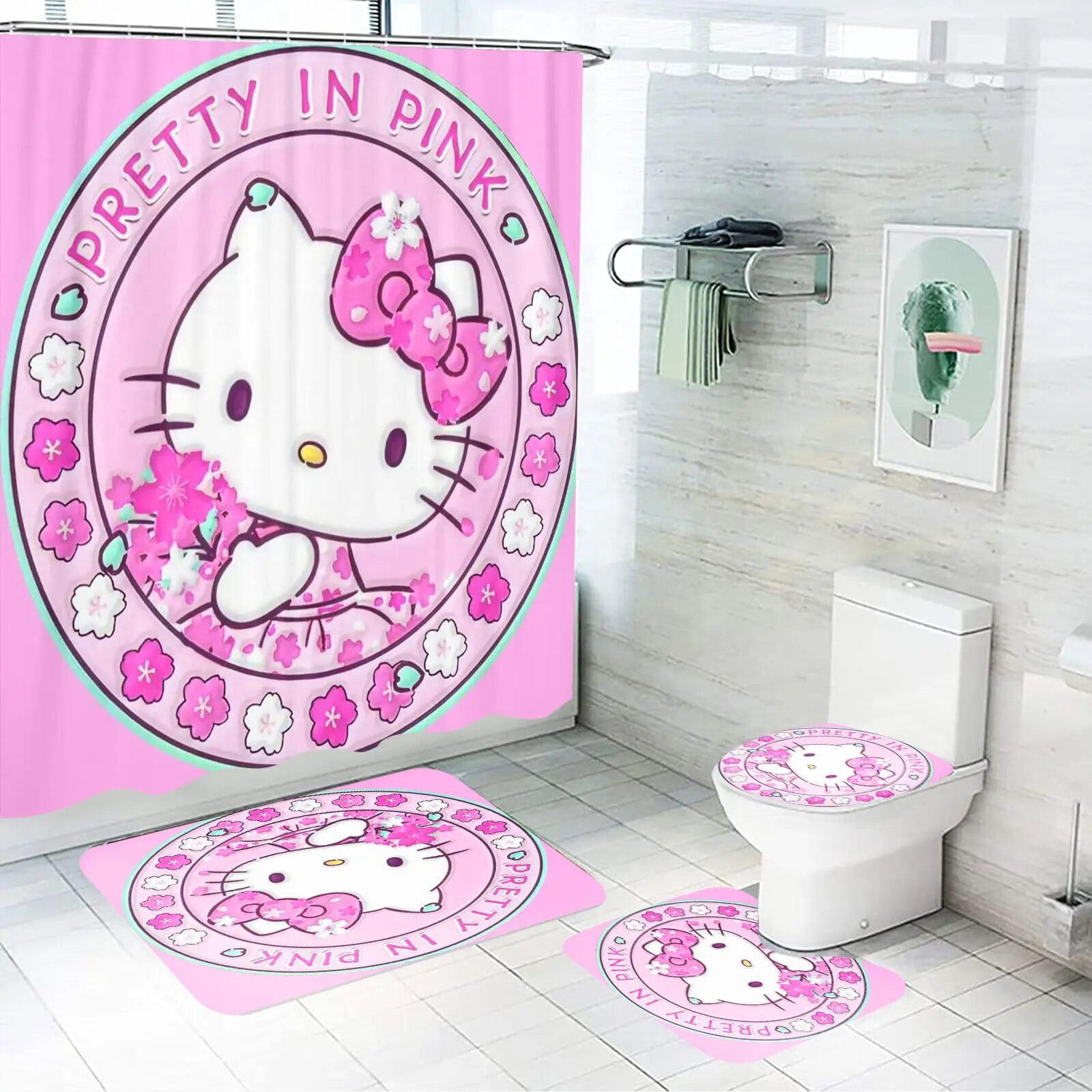 DMH Hello Kitty Bathroom Shower Curtain Accessories Bathroom 4 Piece ...