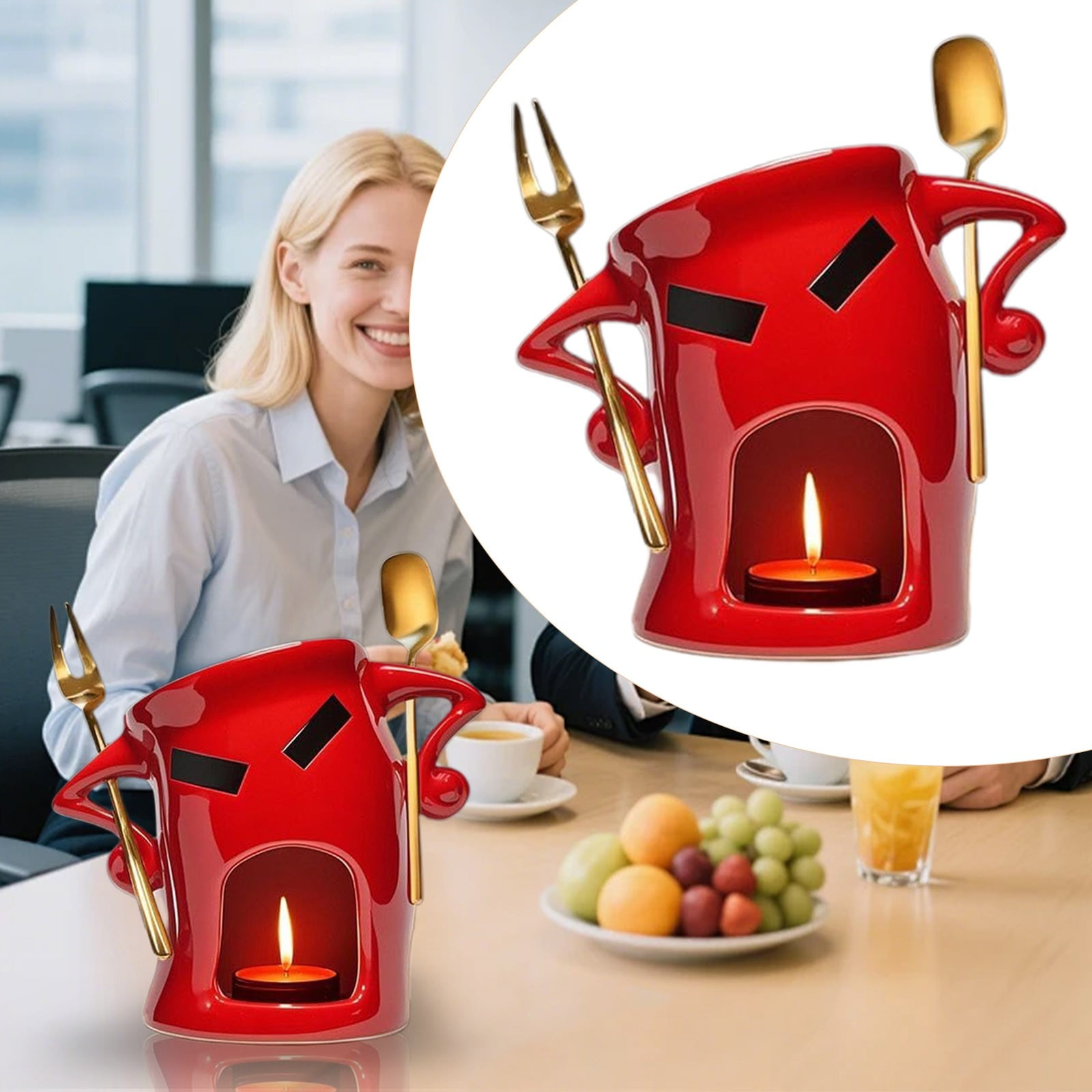 DMHW74S Fondue Mug With Ceramic Melting Cup With Fork & Candle Heated ...