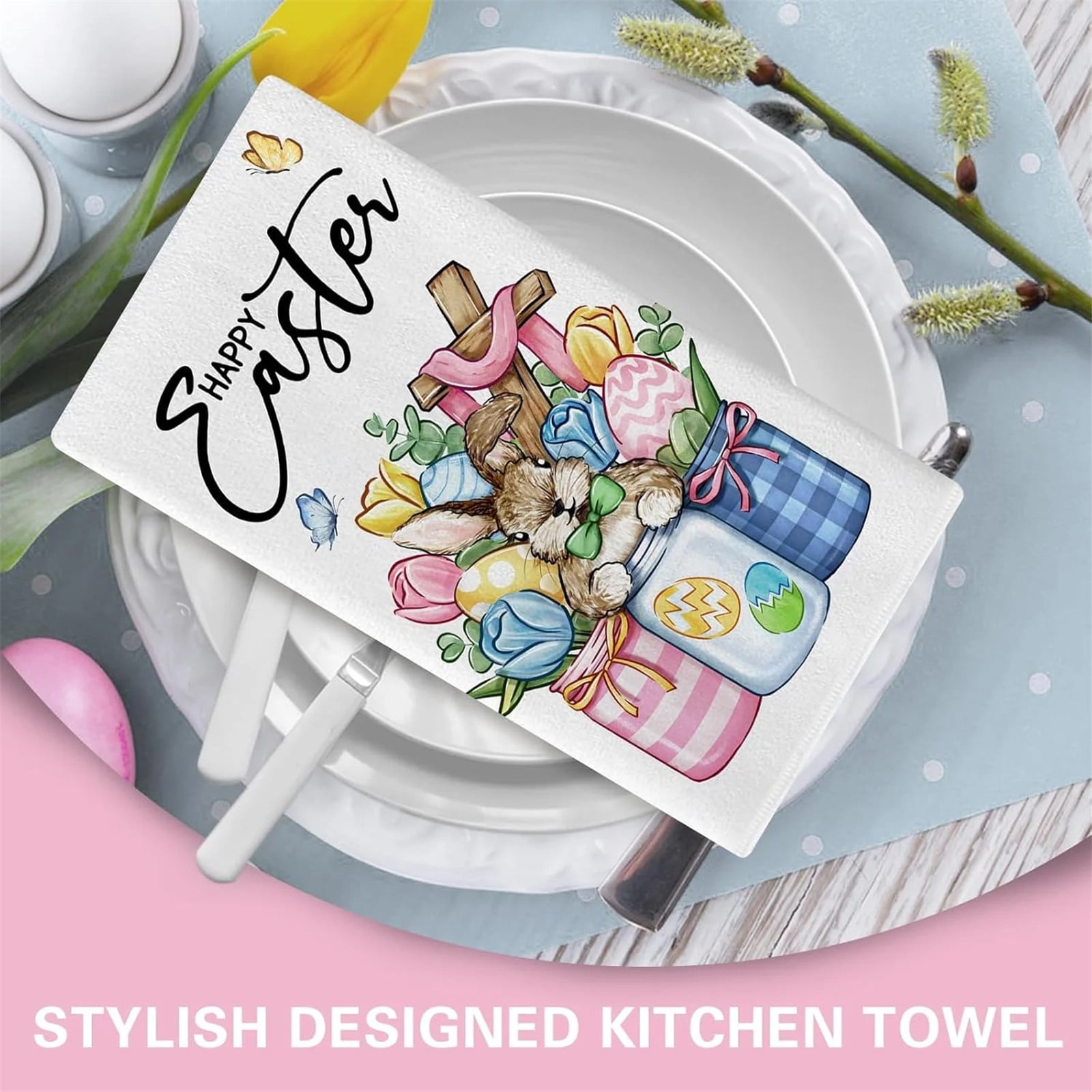 DMHW74S Happy Easter Kitchen Dish Towels Set Of 2 With Bunny And Eggs ...