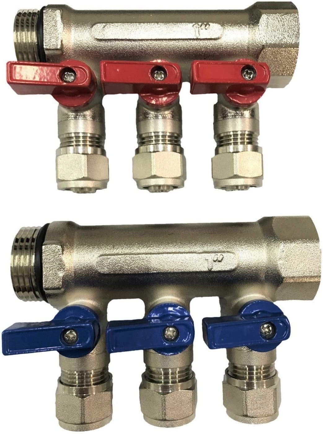 DMNI 3 Loops Plumbing Manifolds - 3/4" NPT Thread - Inlet 1/2" Outlet - Red and Blue Handles ...