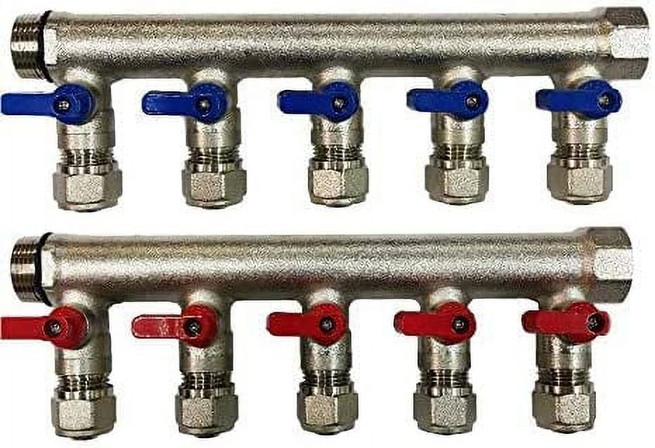 DMNI 5 Loops Plumbing Manifolds - 3/4" NPT Thread - Inlet 1/2" Outlet - Red and Blue Handles ...
