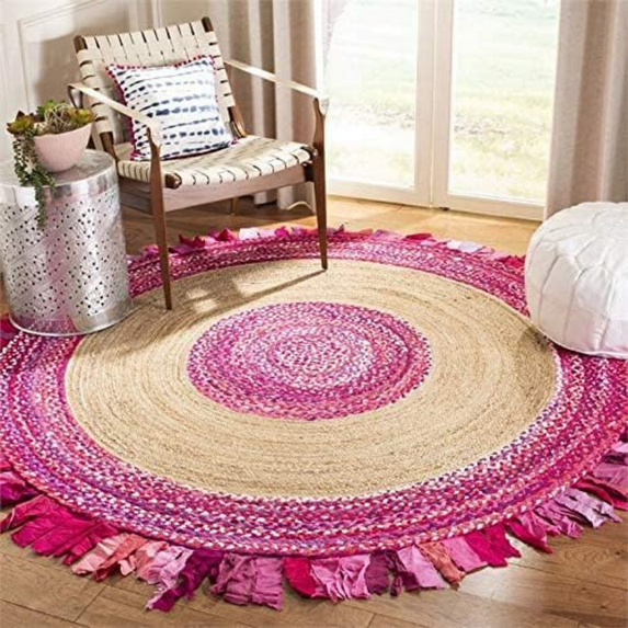 DN HANDICRAFT Jute and Cotton Round Indoor Area Rug Natural Braided ...