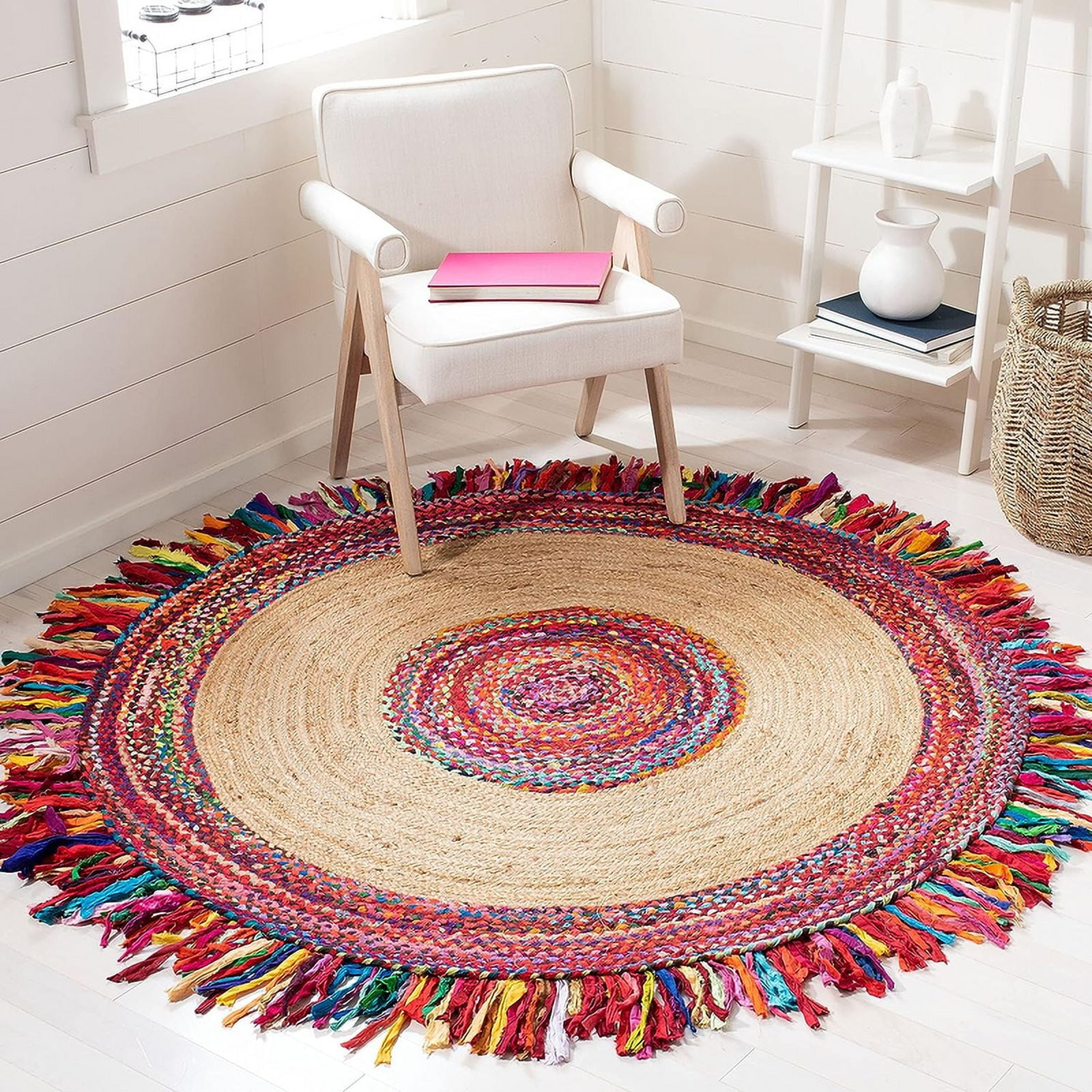DN HANDICRAFT Round Kitchen Rug Multicolor Beige Printed Jute and ...