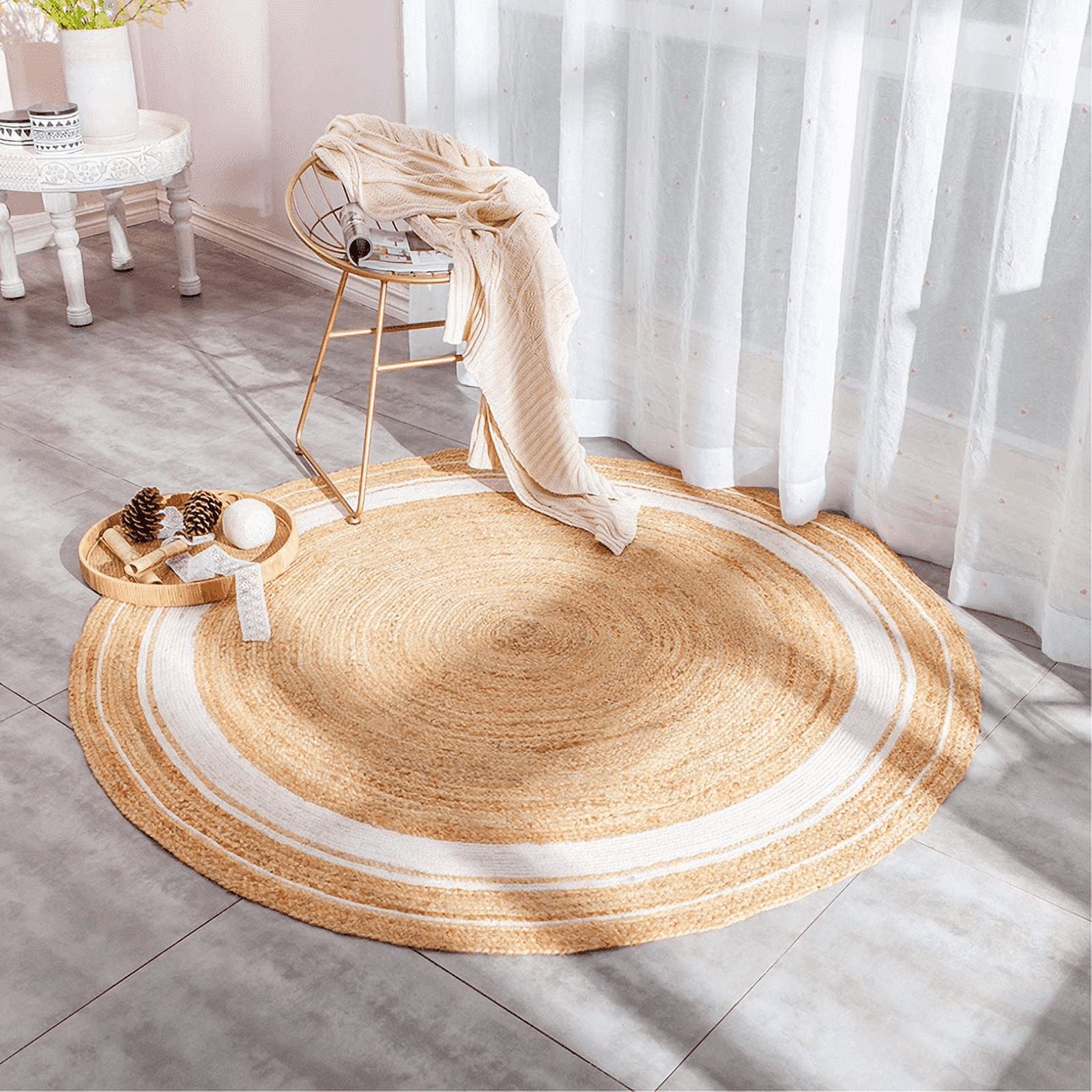 DN HANDICRAFT White Hand Braided Carpet Beige and Round Jute Area Rug ...