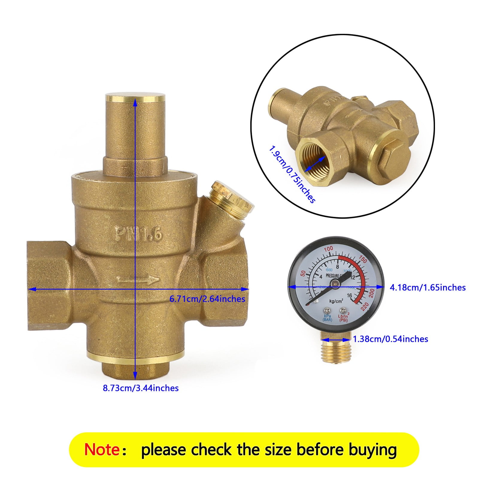 DN15 Brass Adjustable 1/2" Water Pressure Regulator Reducer With Gauge Meter - Walmart.com