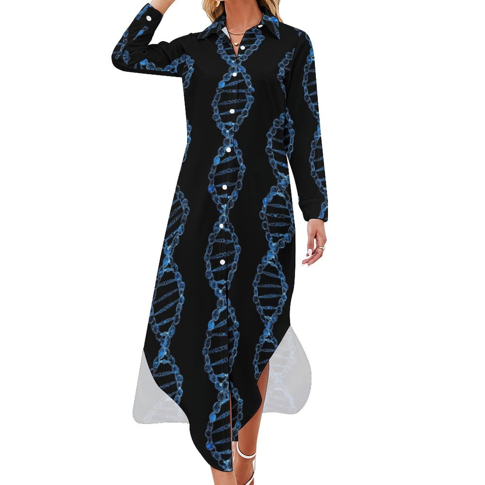 DNA Genetics Women's Maxi T Shirt Dress Long Sleeve Lapel Summer Button ...
