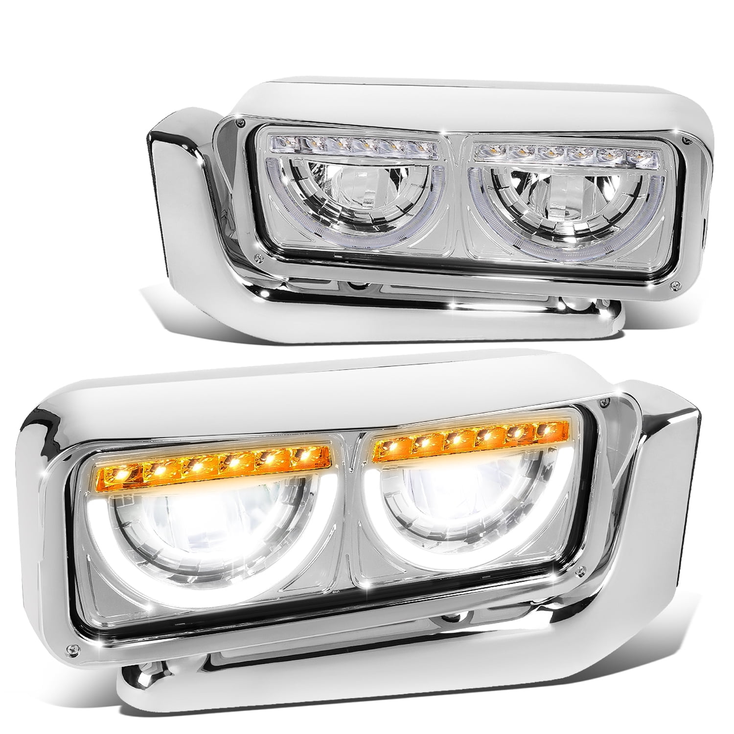 DNA Motoring LED Halo Ring DRL Signal Headlights for 1981-2021 Peterbilt 359 379 389, Chrome ...