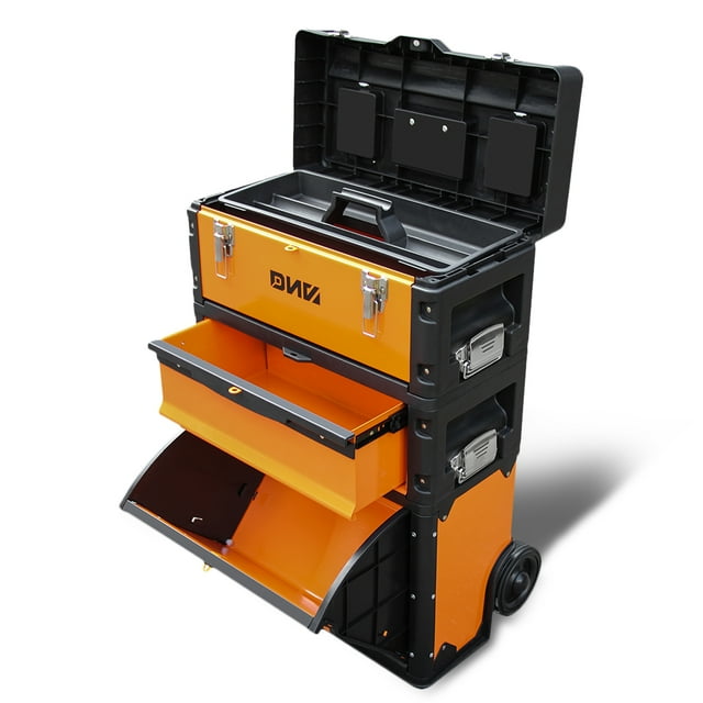 DNA Motoring Odaof TOOLS-00004 Orange/Black 3-Tier Stackable Storage Tool Box Rolling Extendable ...