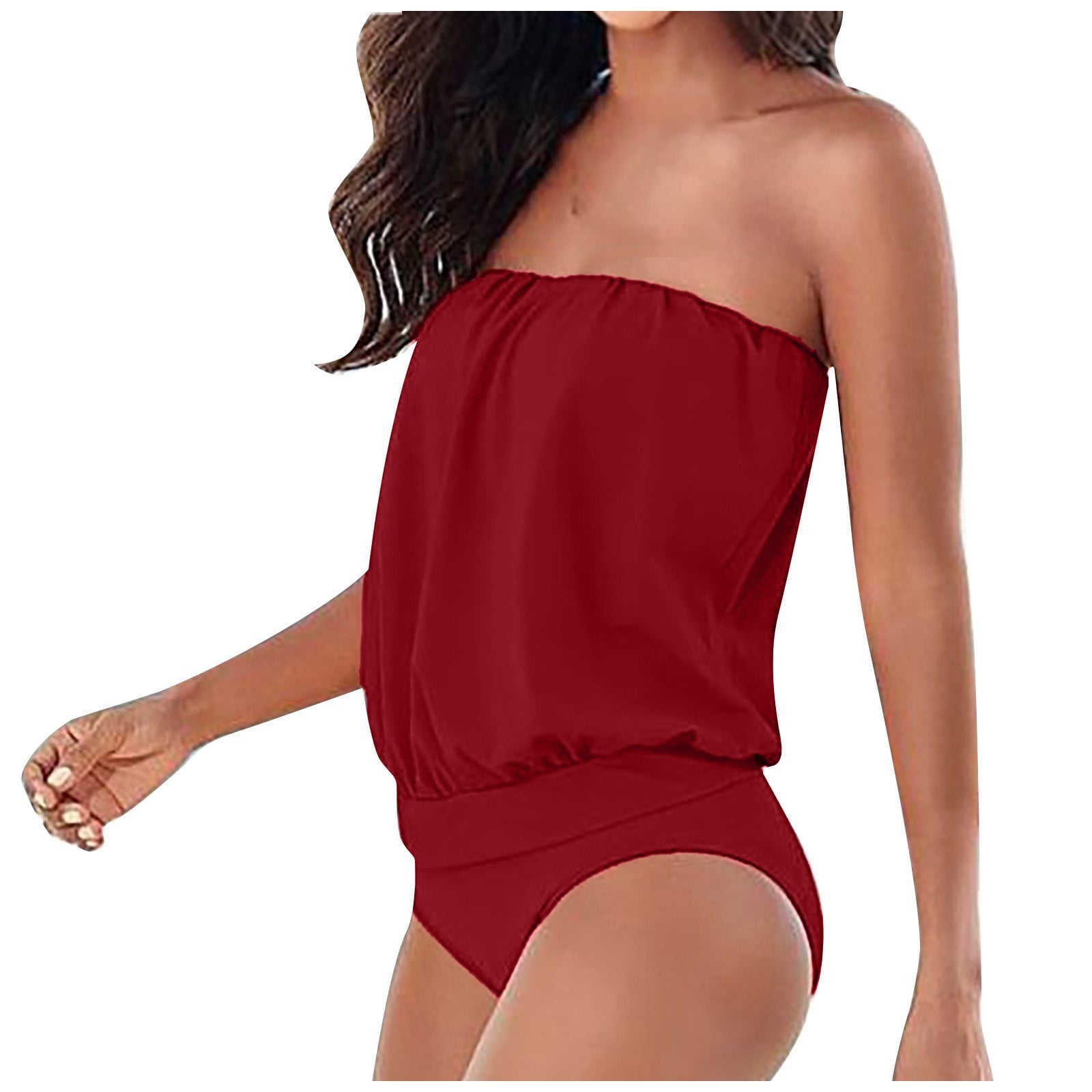 Dndkilg Womens Solid Tube Strapless Bathing Suit Tummy Control