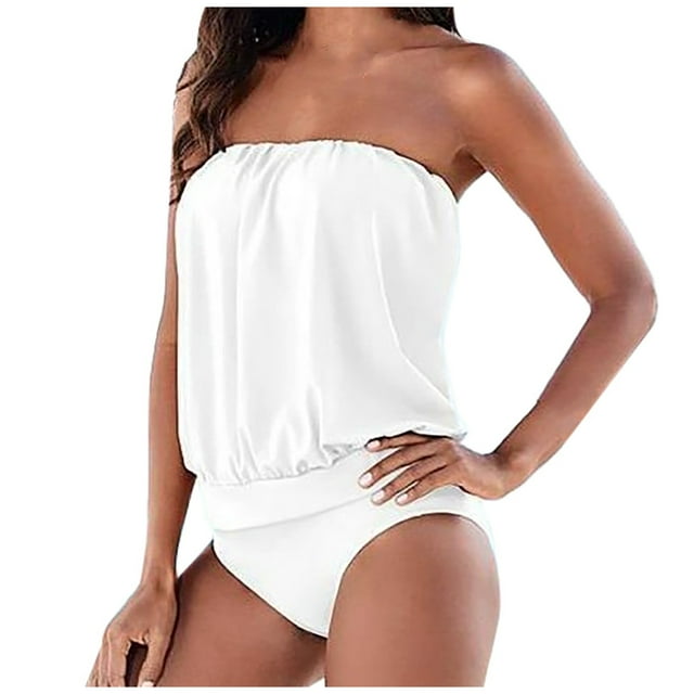 Dndkilg Womens Solid Tube Strapless Bathing Suit Tummy Control