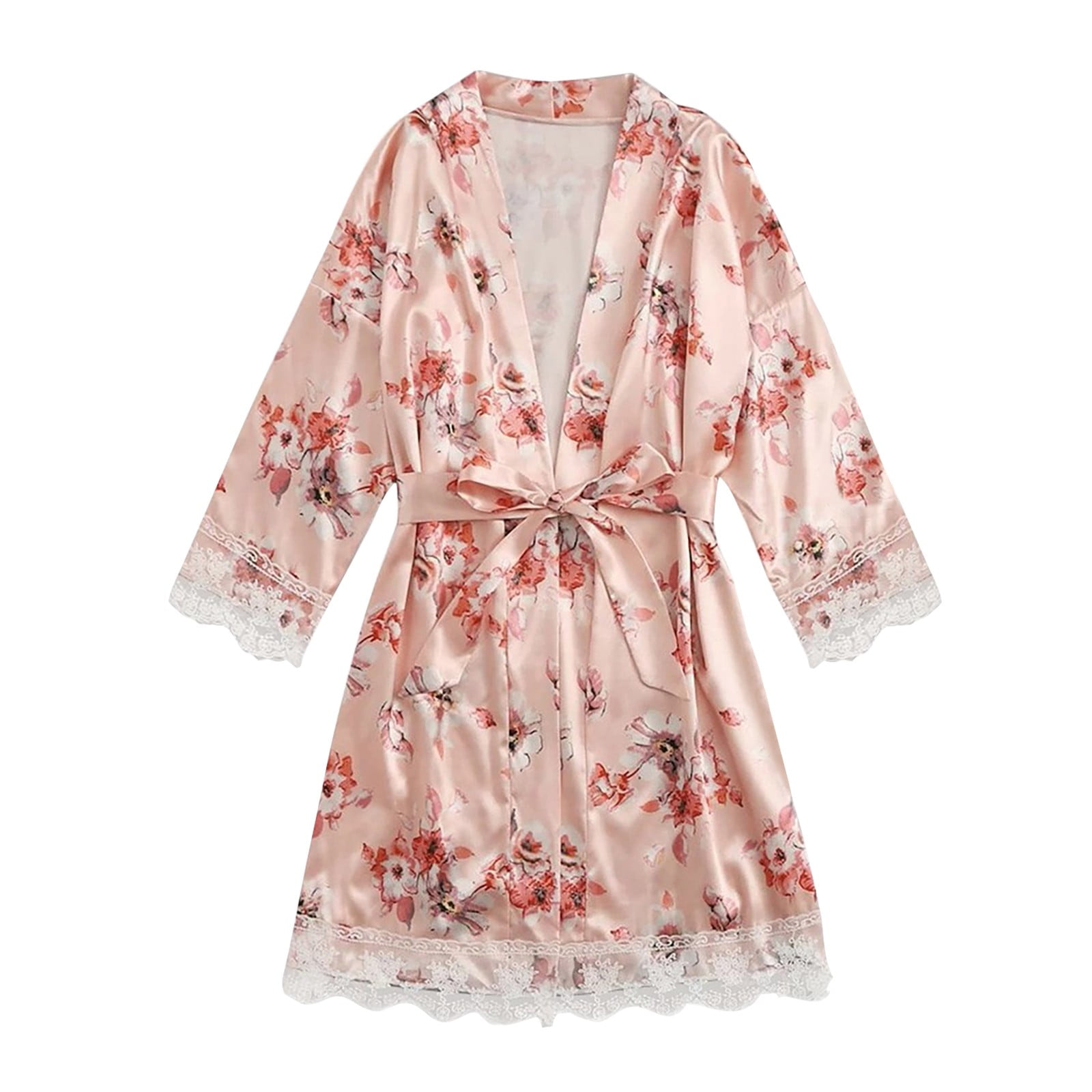 DNDKILG Womens Satin Kimono Bathrobe Robes Sleepwear Floral Silky Long ...