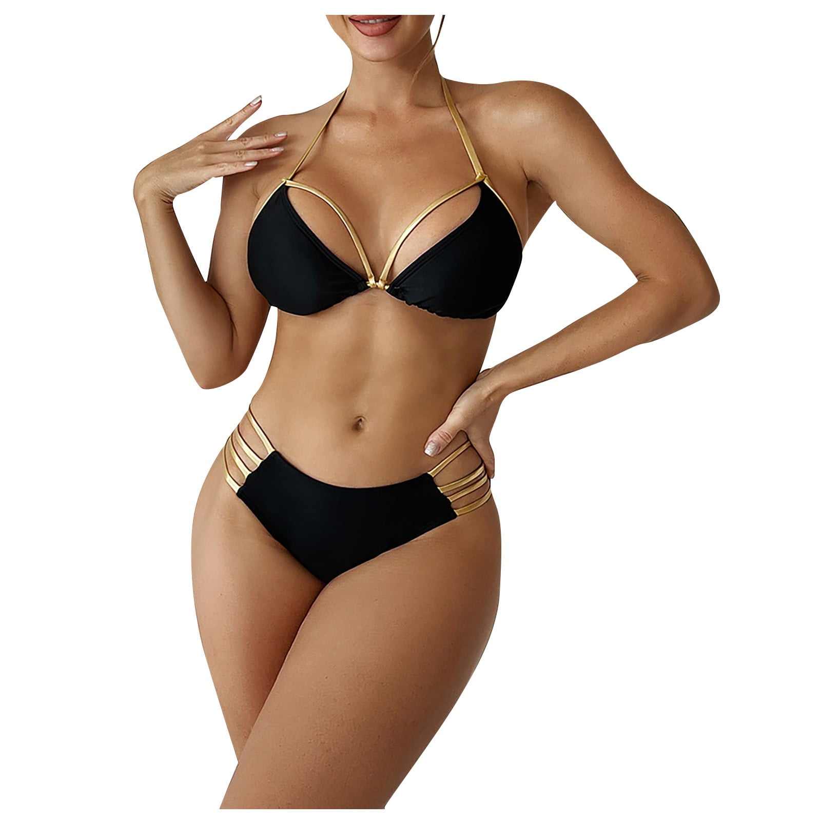 Dndkilg Womens Strappy Low Rise Thong Bottom Bikini Sets Sexy Bathing Suit Solid Triangle Bikini