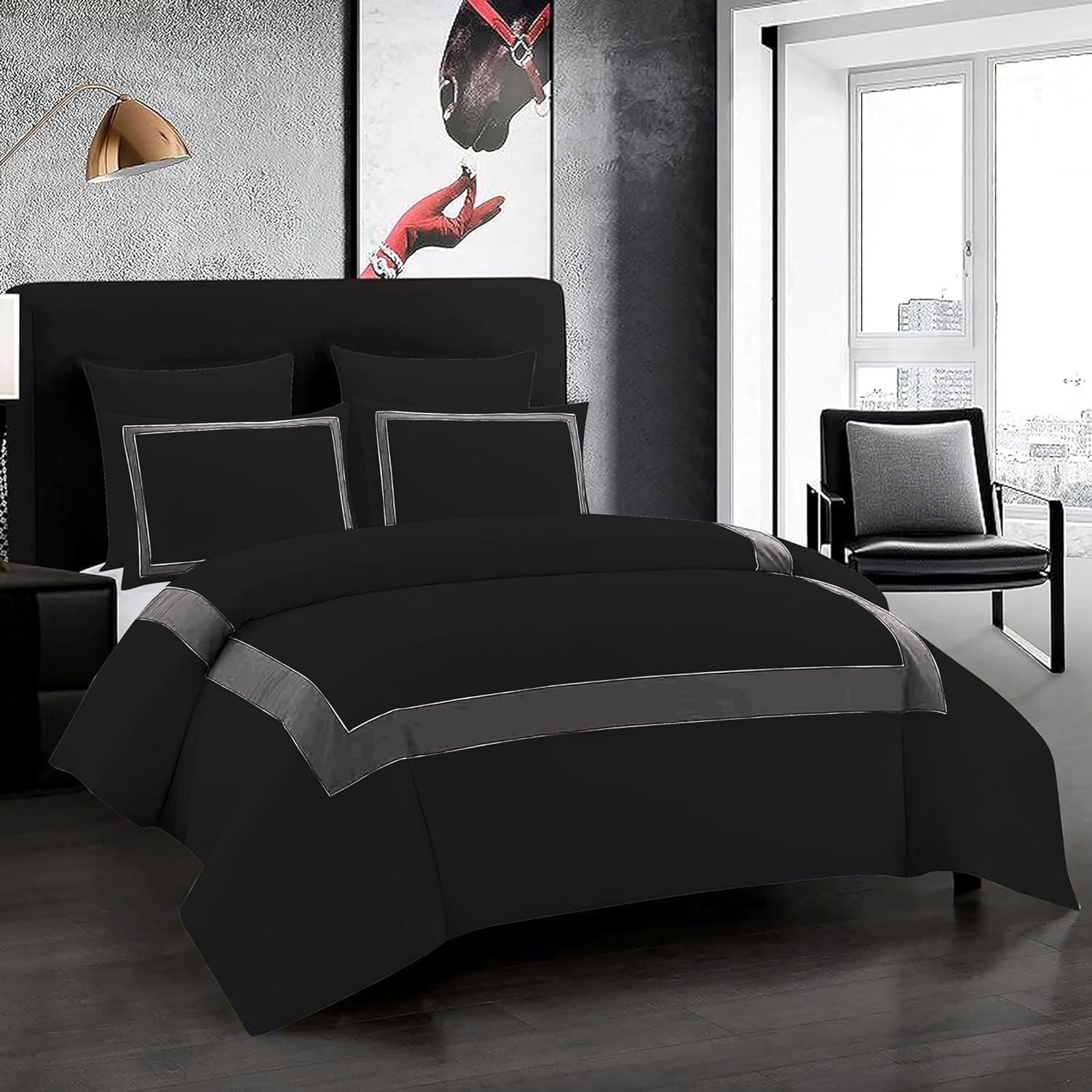 DNG Creations 3 Piece Full Black And Dark Grey Border Line Pattern ...