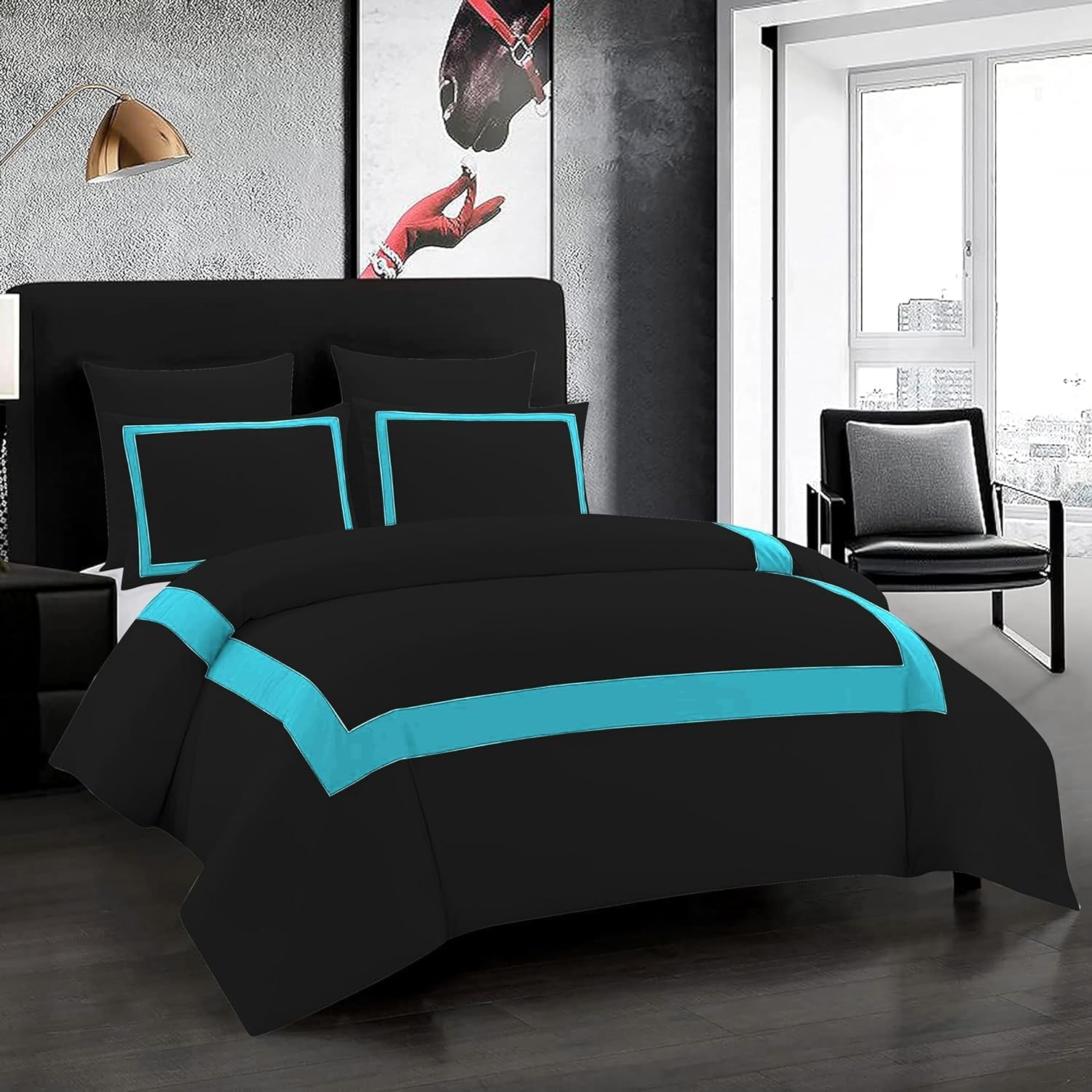 DNG Creations 3 Piece Full Black And Turquoise Blue Border Line Pattern ...