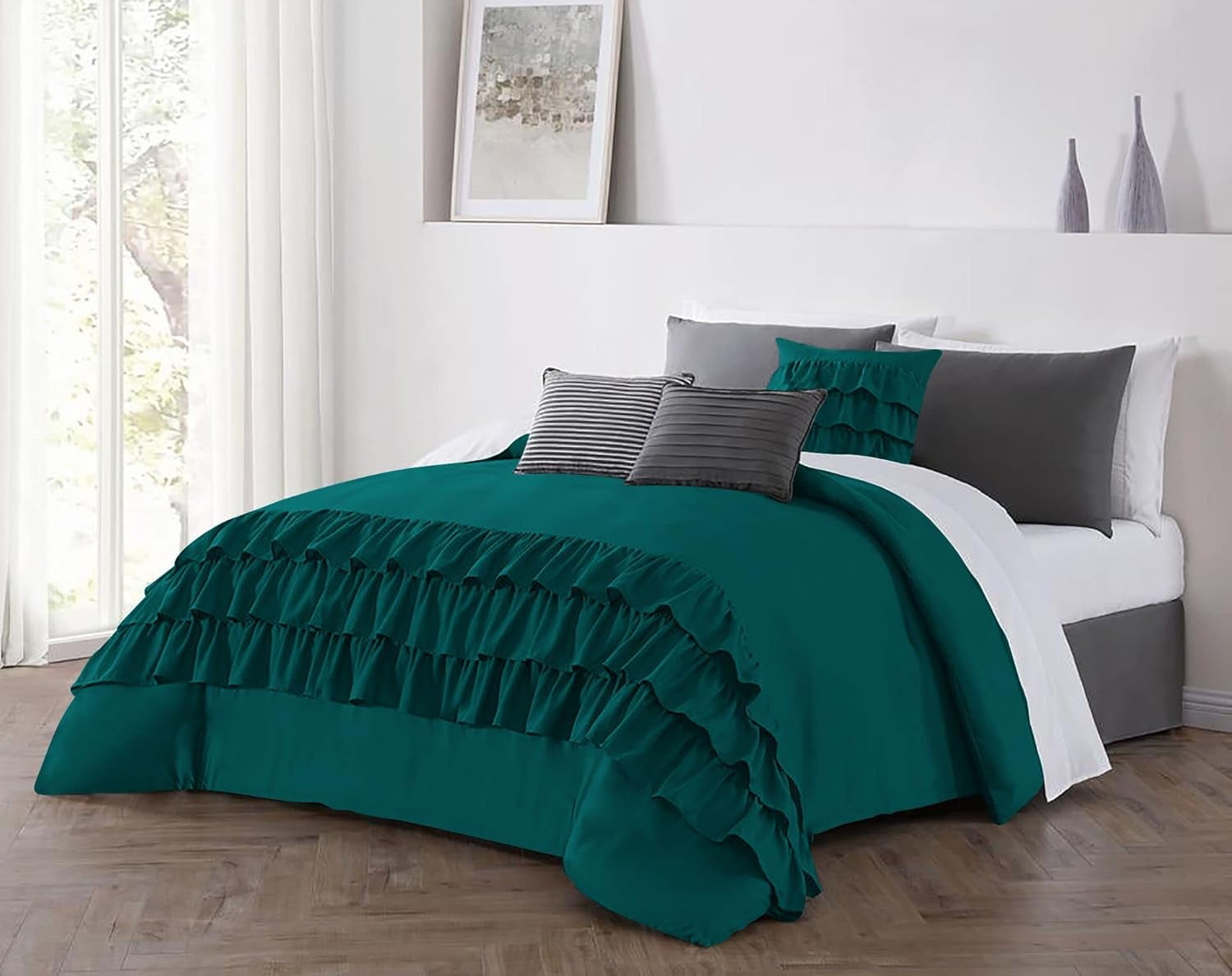 DNG Creations 3 Piece Three Line Ruffle Duvet Cover With Zipper Closure ...