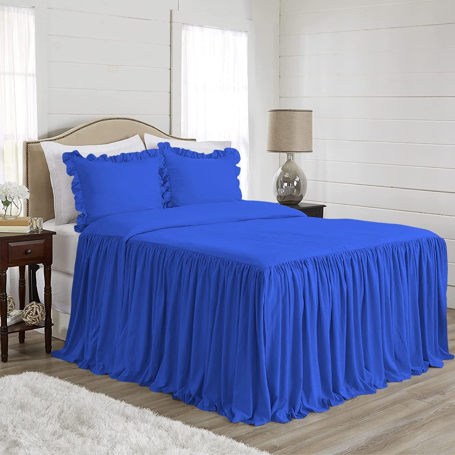 DNG Creations 4-Piece Long Ruffle Sheet Set 15-Inch Deep Pocket (Solid Royal Blue - Olympic ...